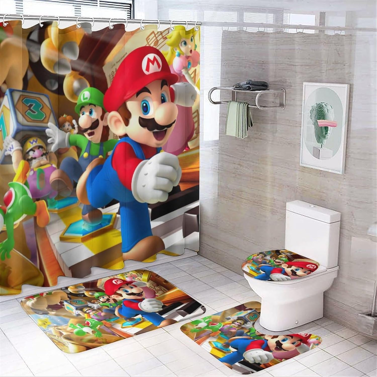 Cartoon Game Super Ma-rio Shower Curtain Set with Non-Slip Rug, Toilet ...