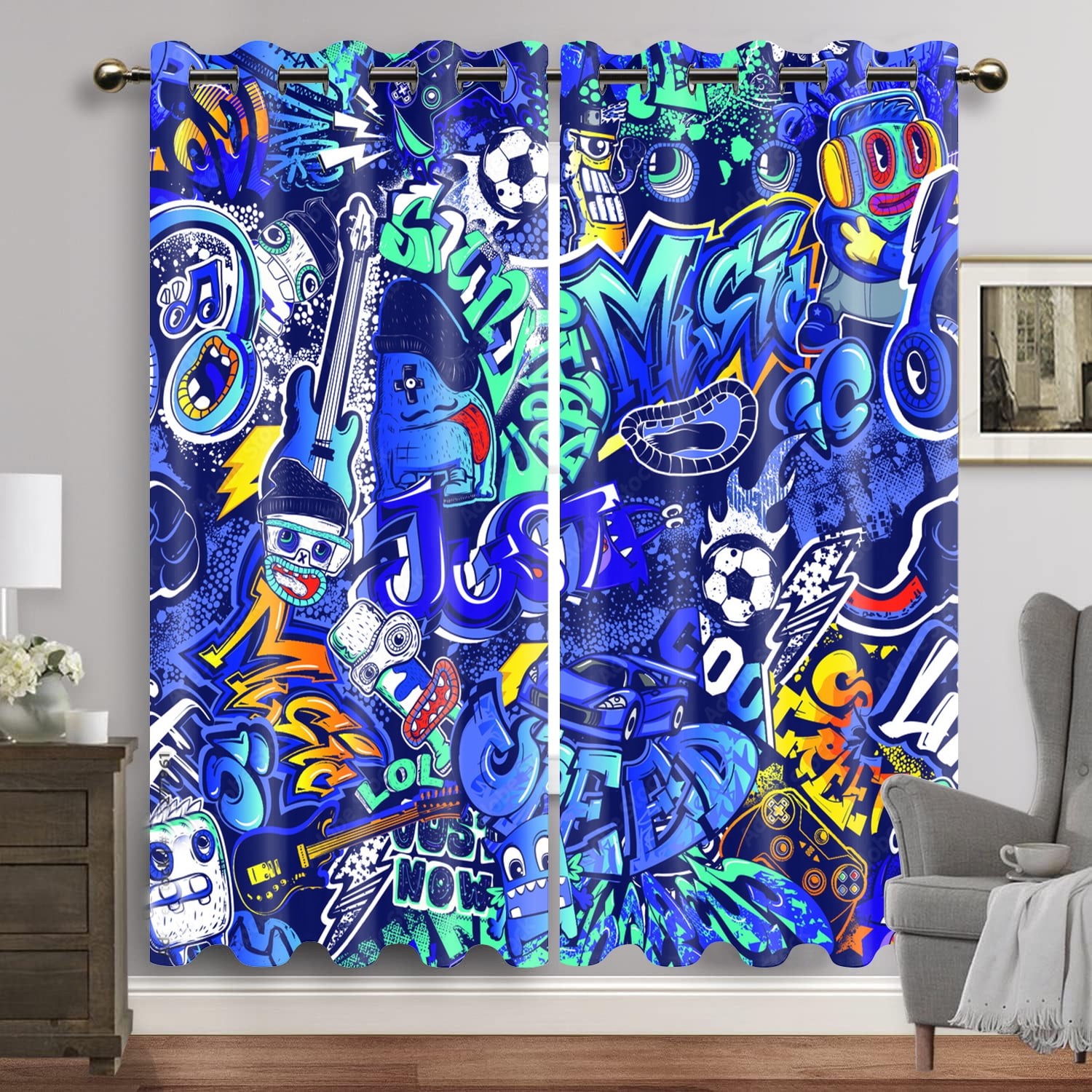 Cartoon Gamepad Blackout Curtains for The Bedroom Graffiti Words Video ...