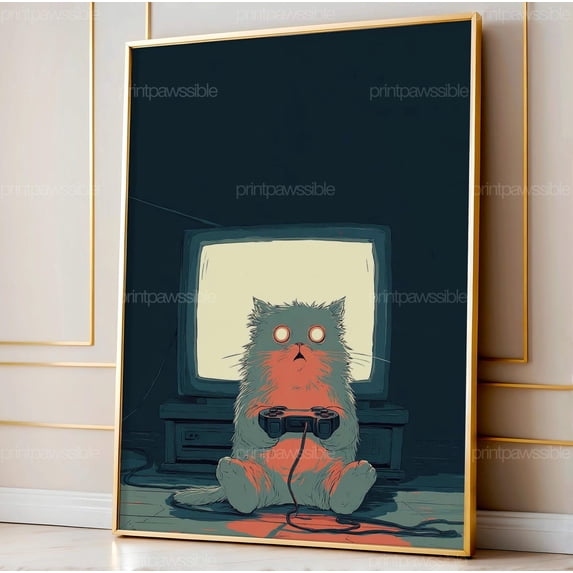 Cartoon Gamer Cat Wall Art Illustrated Video Game Kitty Gaming Animal ...