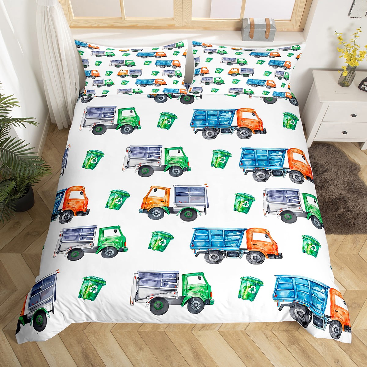 Cartoon Garbage Truck Duvet Cover Green Trash Truck Comforter Cover ...