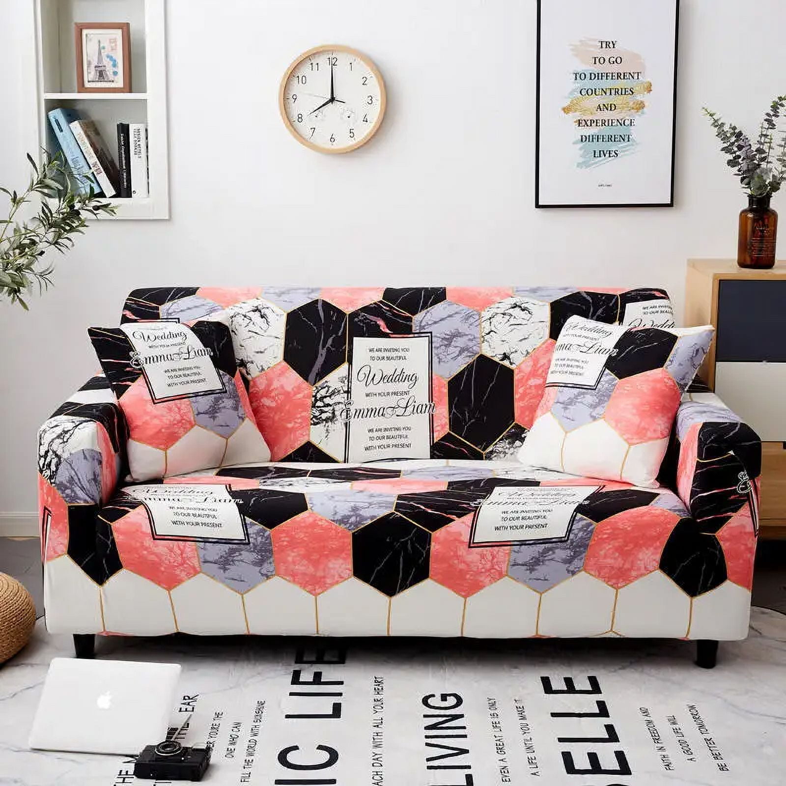 Cartoon Geometric Flowers Sofa Cover Full Cover Fabric Four Seasons Stretch Big Sofas Sofa ...