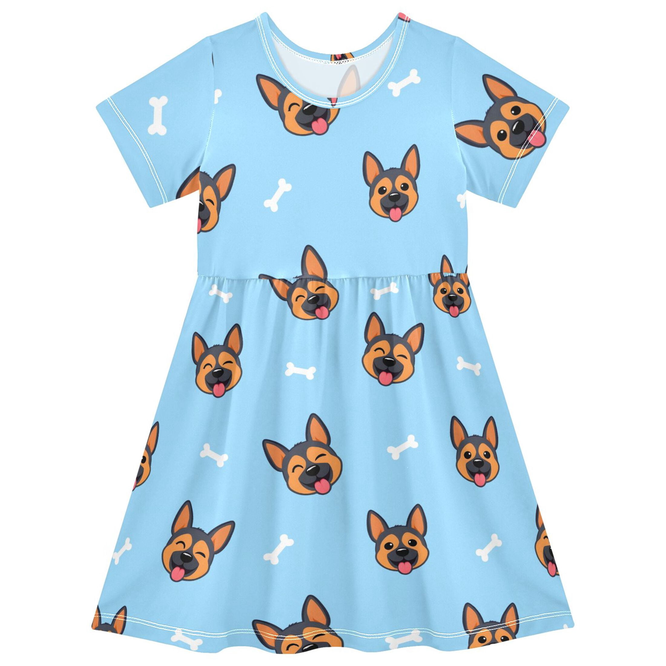 Cartoon German Shepherd Pattern Girls Short Sleeve Dress A Line Sun ...