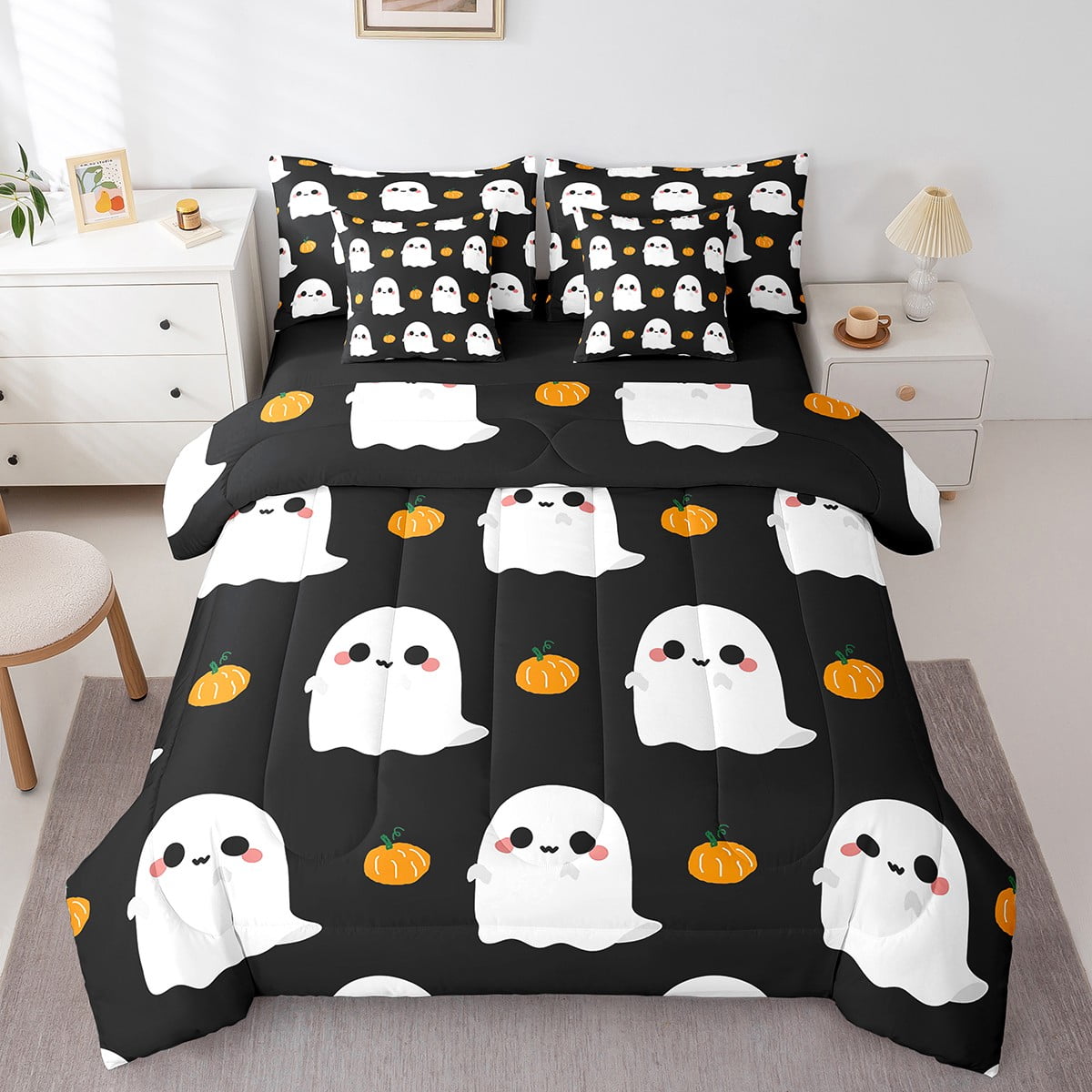 Cartoon Ghost 7 Piece Comforter Set Full Bed in a Bag,Kawaii Black Silhouette Gothic Bedding ...