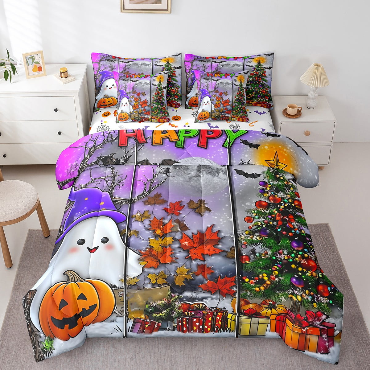 Cartoon Ghost Comforter Set 7 Piece Bed in a Bag Twin,Christmas Tree ...