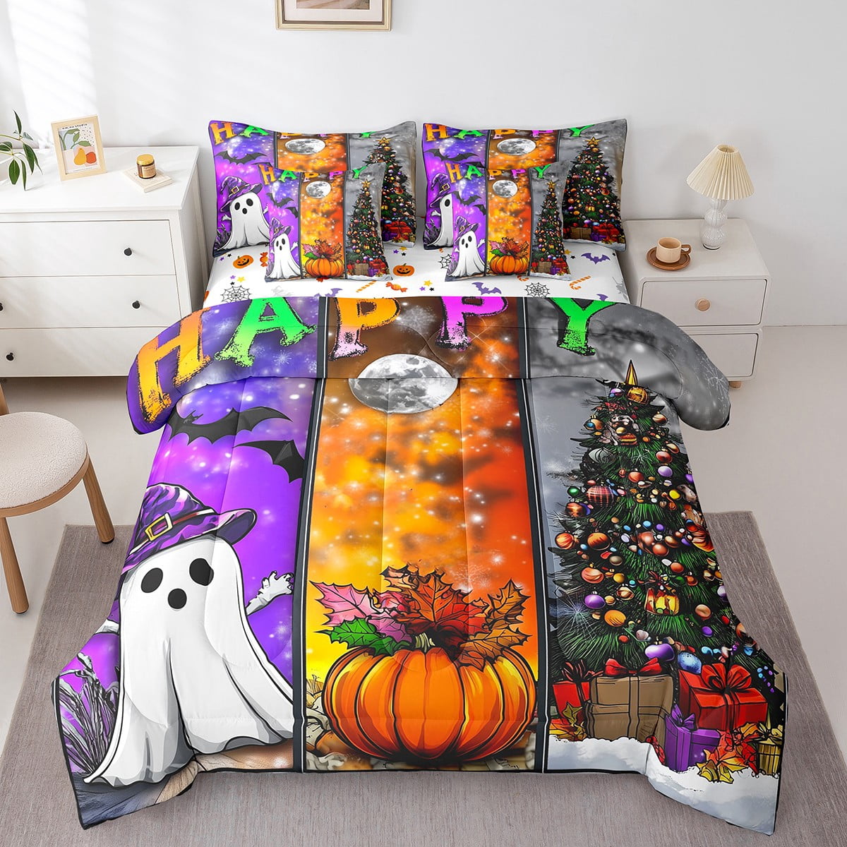Cartoon Ghost Comforter Set 7 Piece Bed in a Bag Twin,Christmas Tree ...