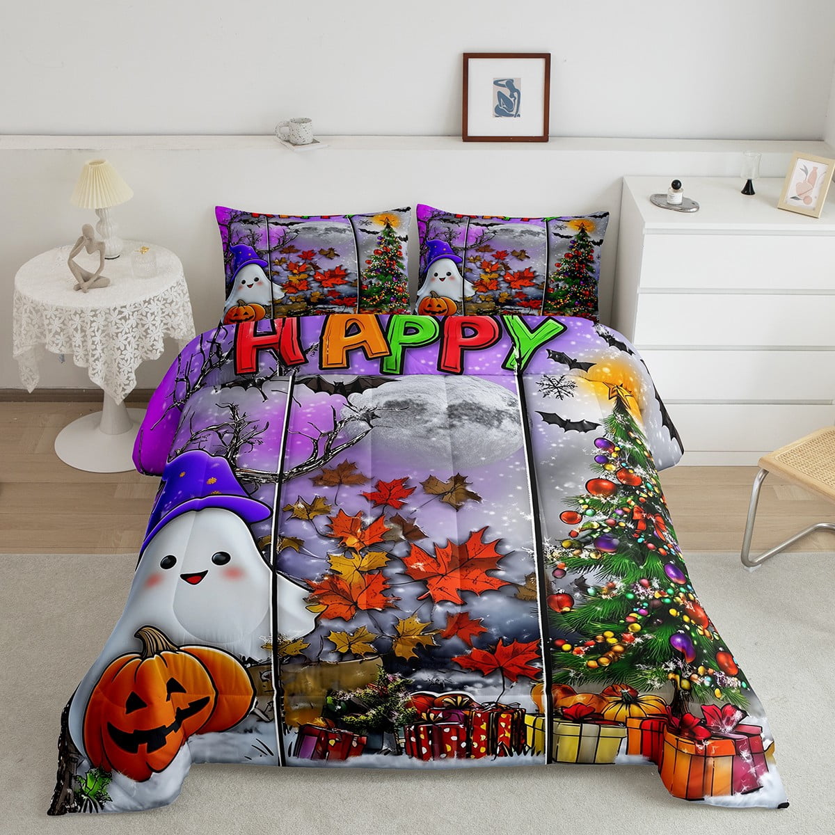 Cartoon Ghost Comforter Set Christmas Tree Bedding Set,Fall Leaves ...