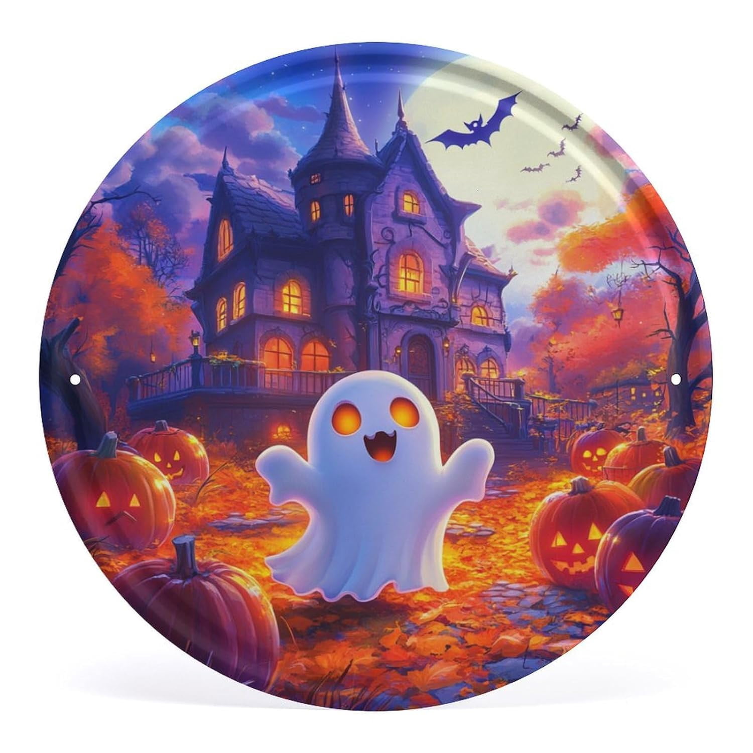 Cartoon Ghost with Haunted House Round Metal Tin Sign Halloween Holiday ...