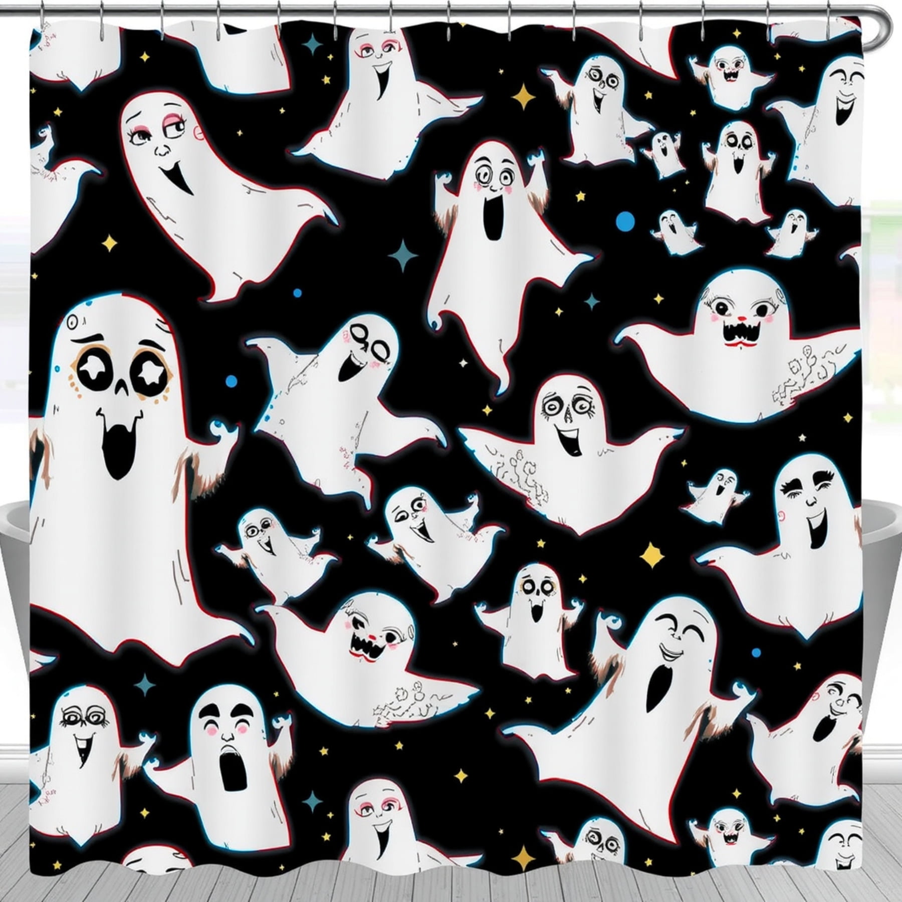 Cartoon Ghosts Shower Curtain - Whimsical Halloween Decor with Stars ...