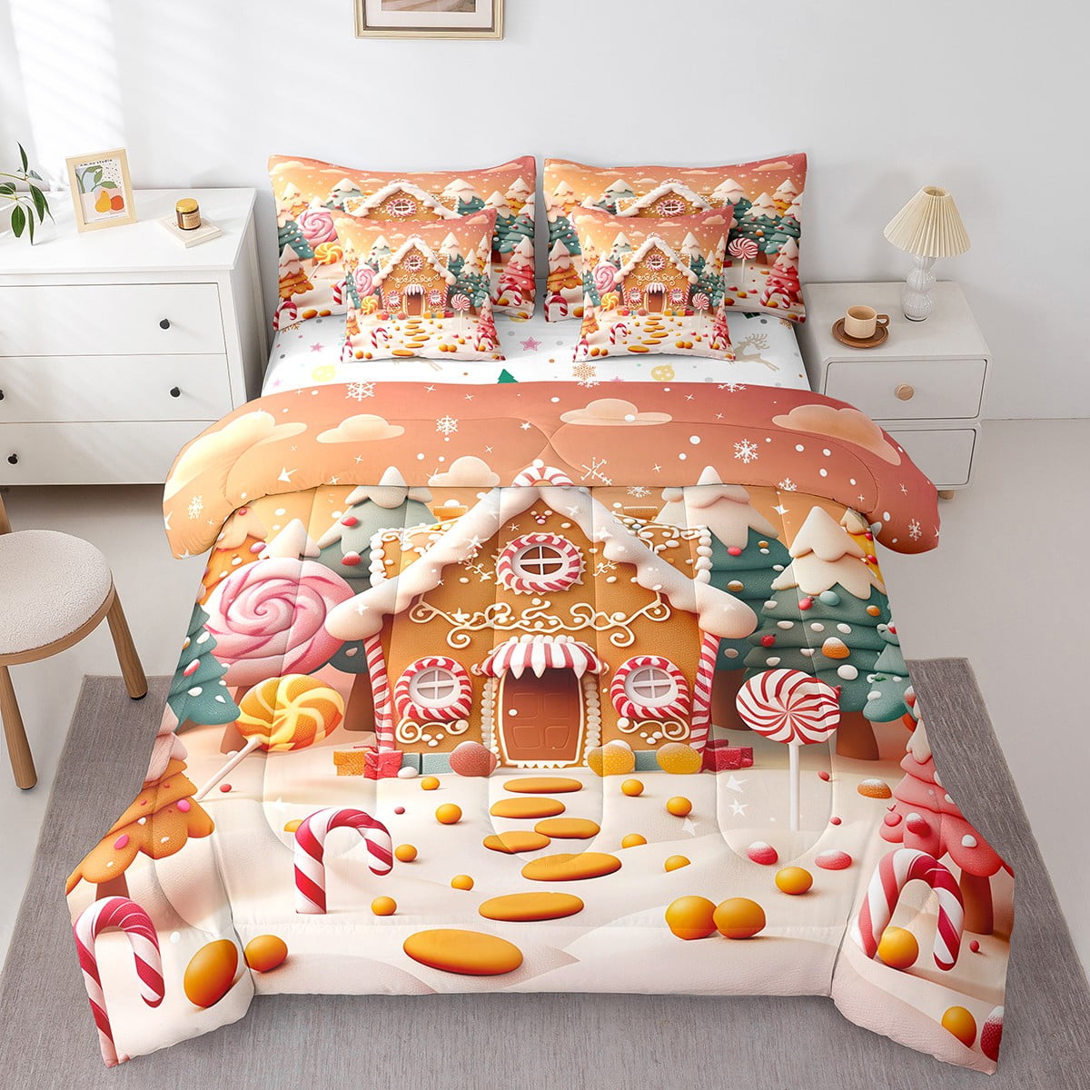 Cartoon Gingerbread House Bedding Sets 7 Pieces Christmas Tree Kawaii ...