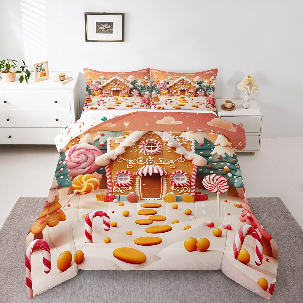 Cartoon Gingerbread House Comforter Set Christmas Tree Kawaii Bedding ...