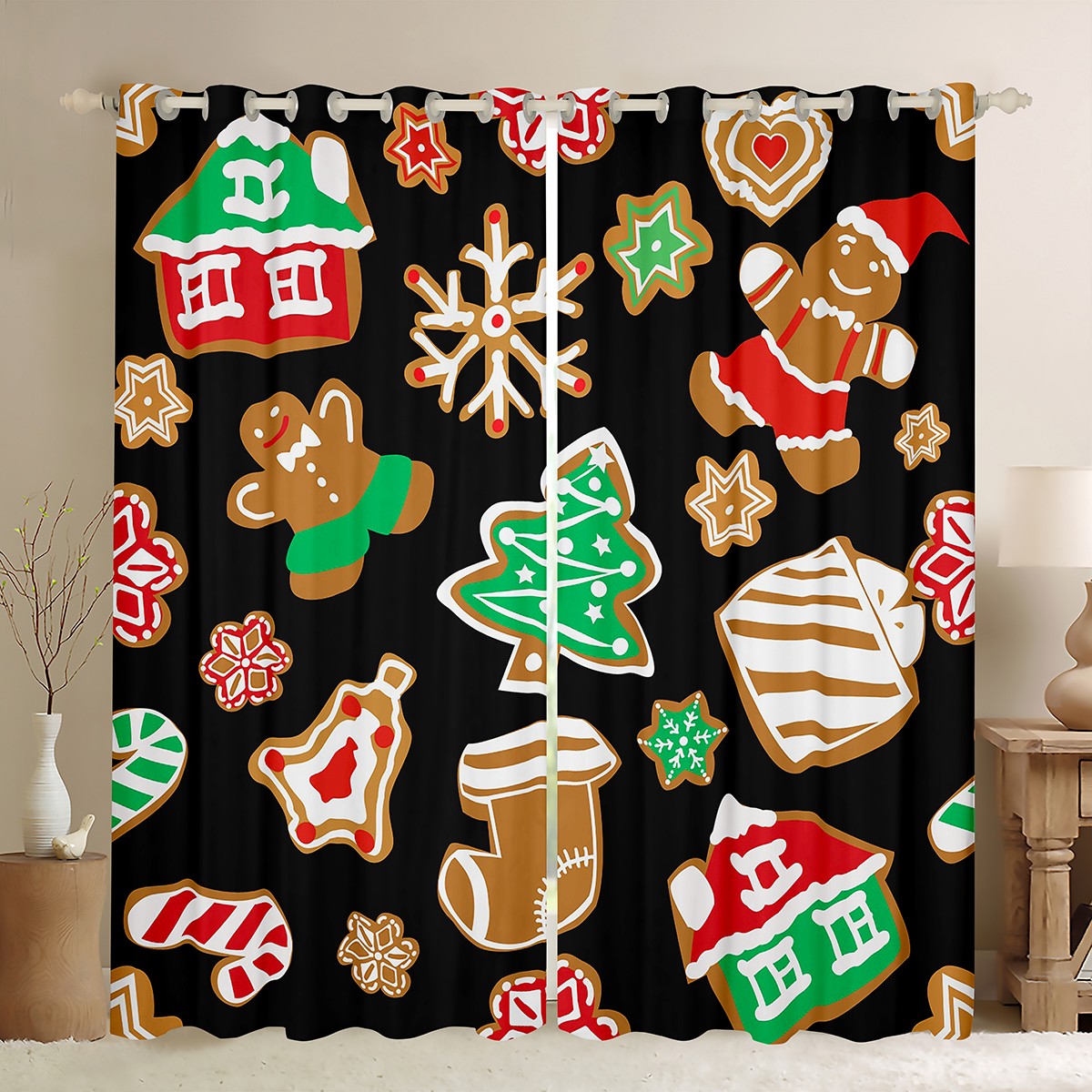 Cartoon Gingerbread Man Curtains,Kawaii Snowflake Stockings Blackout ...
