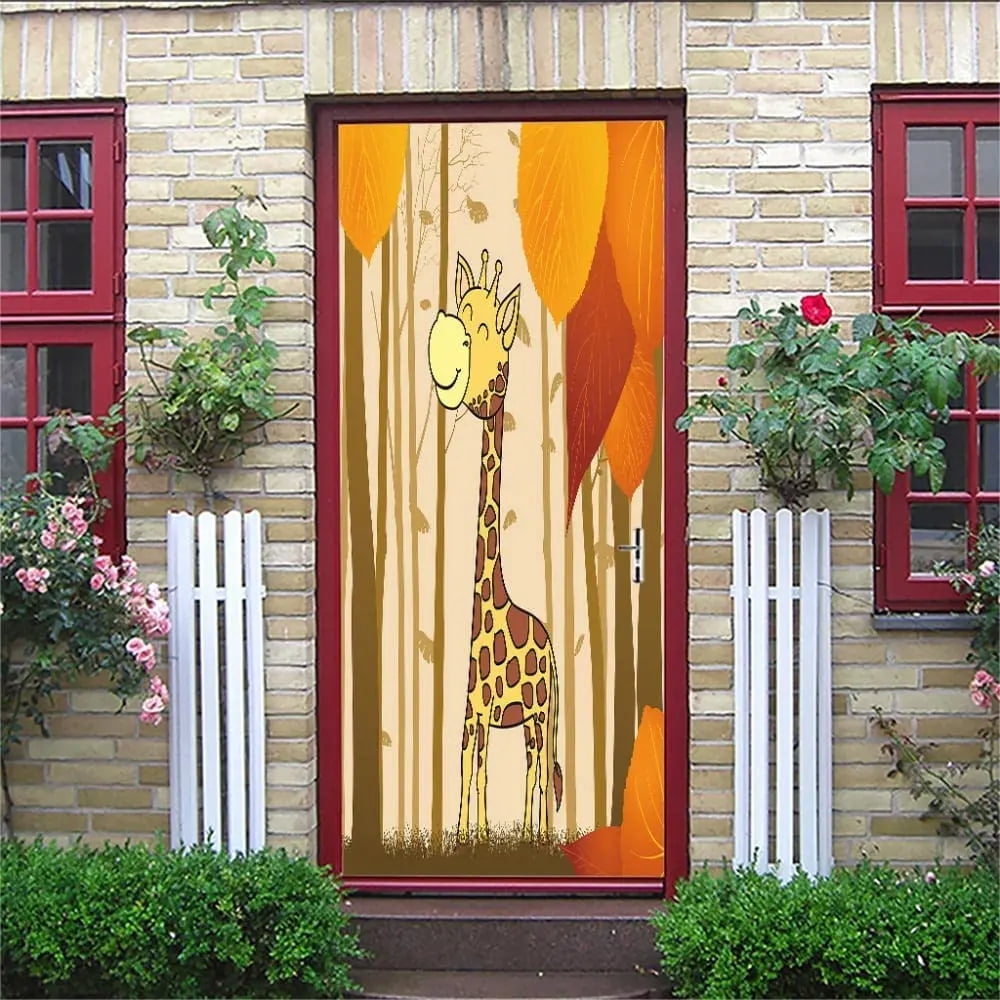 Cartoon Giraffe Door Stickers Lovely Animal Door Mural Sticker Self ...