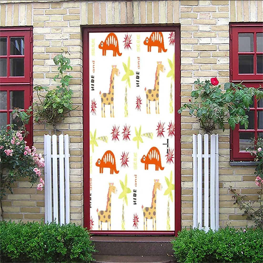 Cartoon Giraffe Door Stickers Lovely Animal Door Mural Sticker Self ...