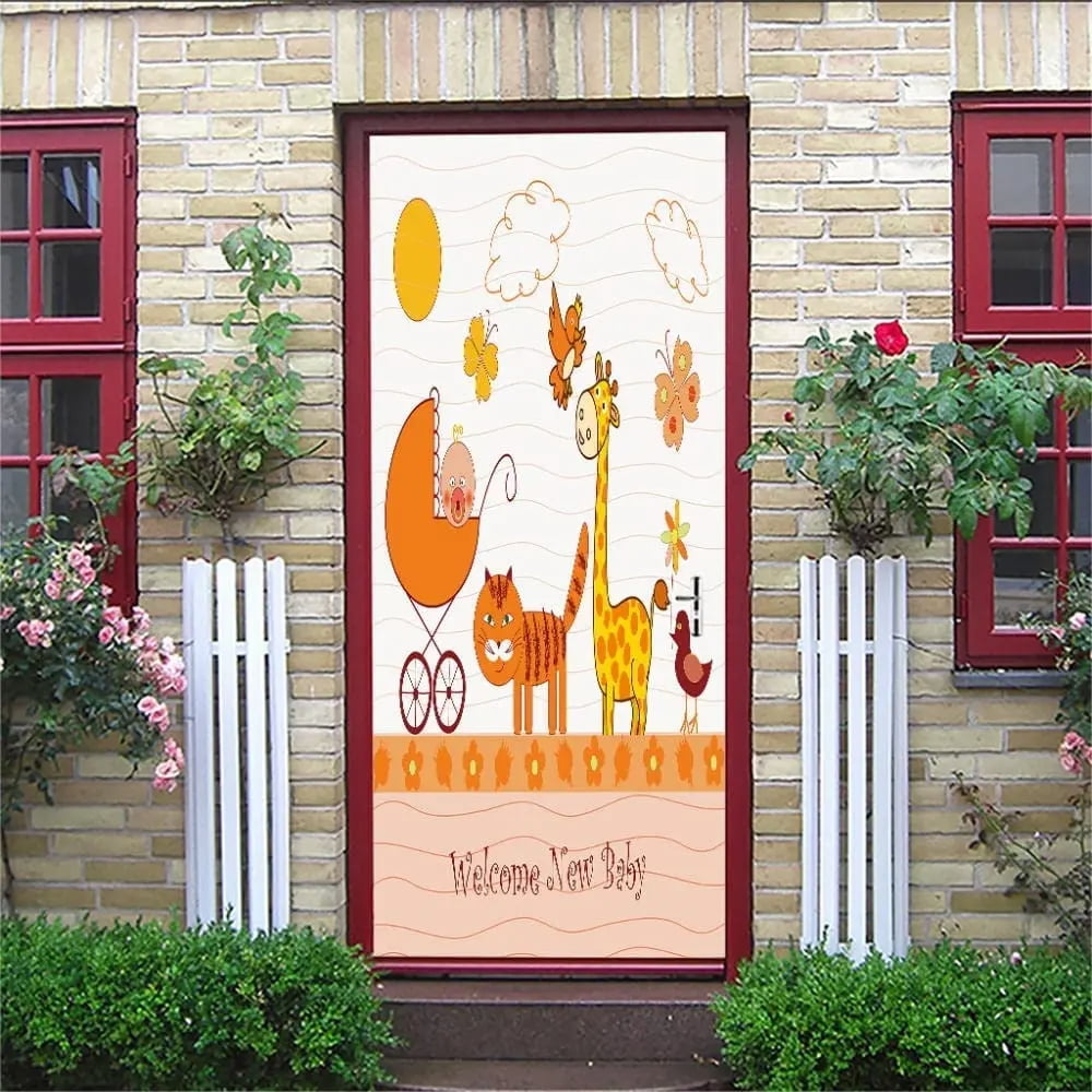Cartoon Giraffe Door Stickers Lovely Animal Door Mural Sticker Self ...