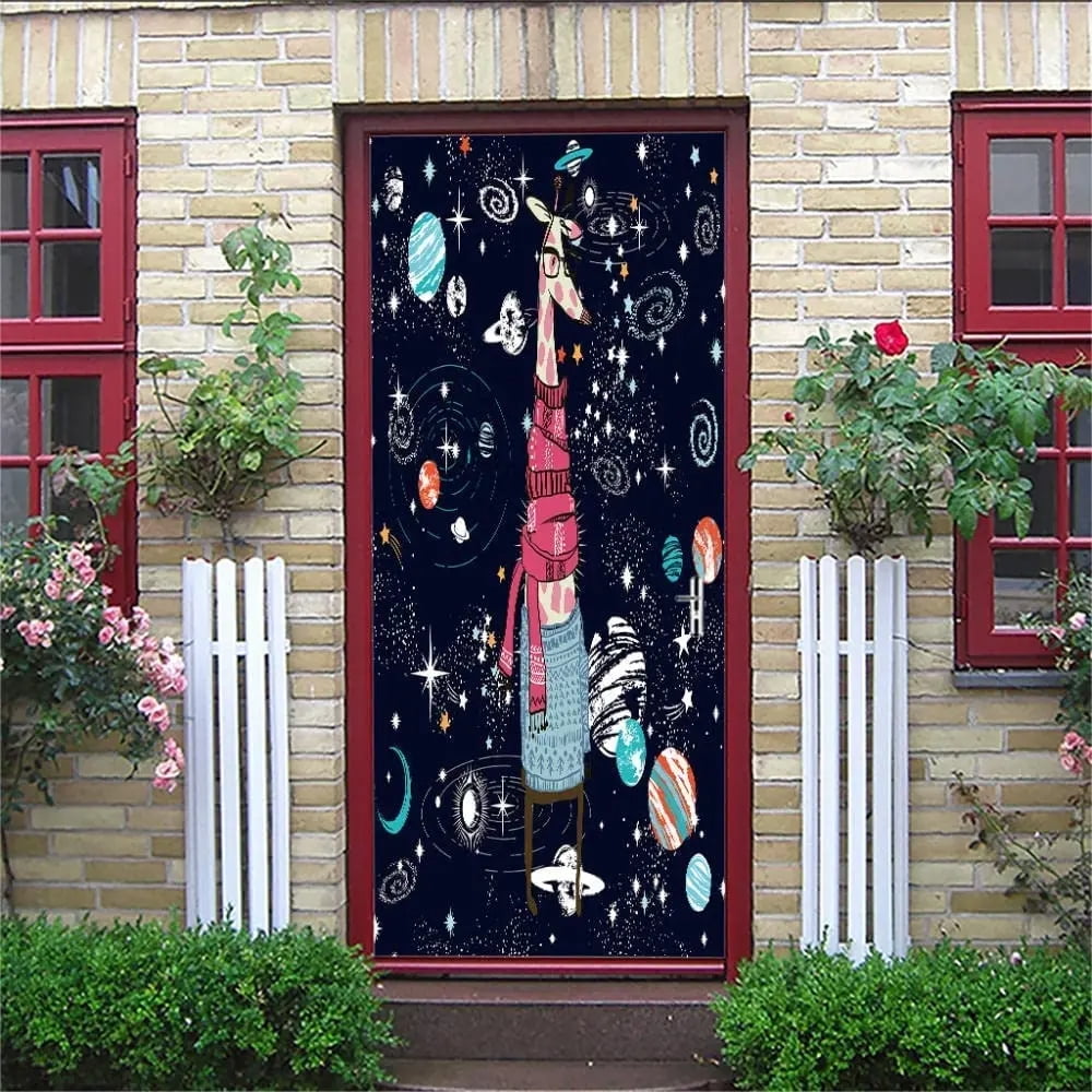Cartoon Giraffe Door Stickers Lovely Animal Door Mural Sticker Self ...
