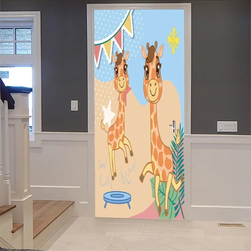 Cartoon Giraffe Door Stickers Lovely Animal Door Mural Sticker Self ...