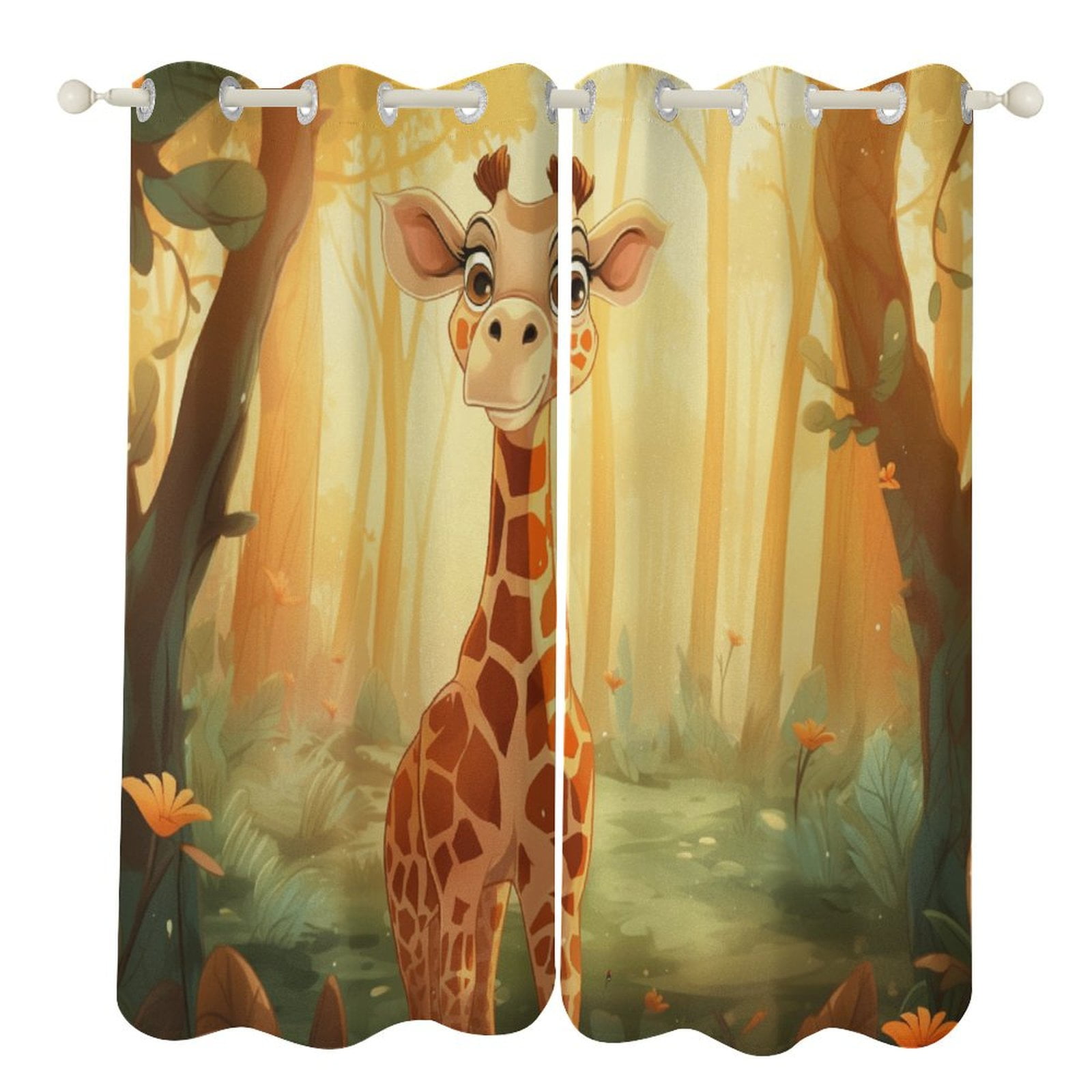 Cartoon Giraffe Forest 2 Panel Curtain Set, Watercolor Painting Window ...
