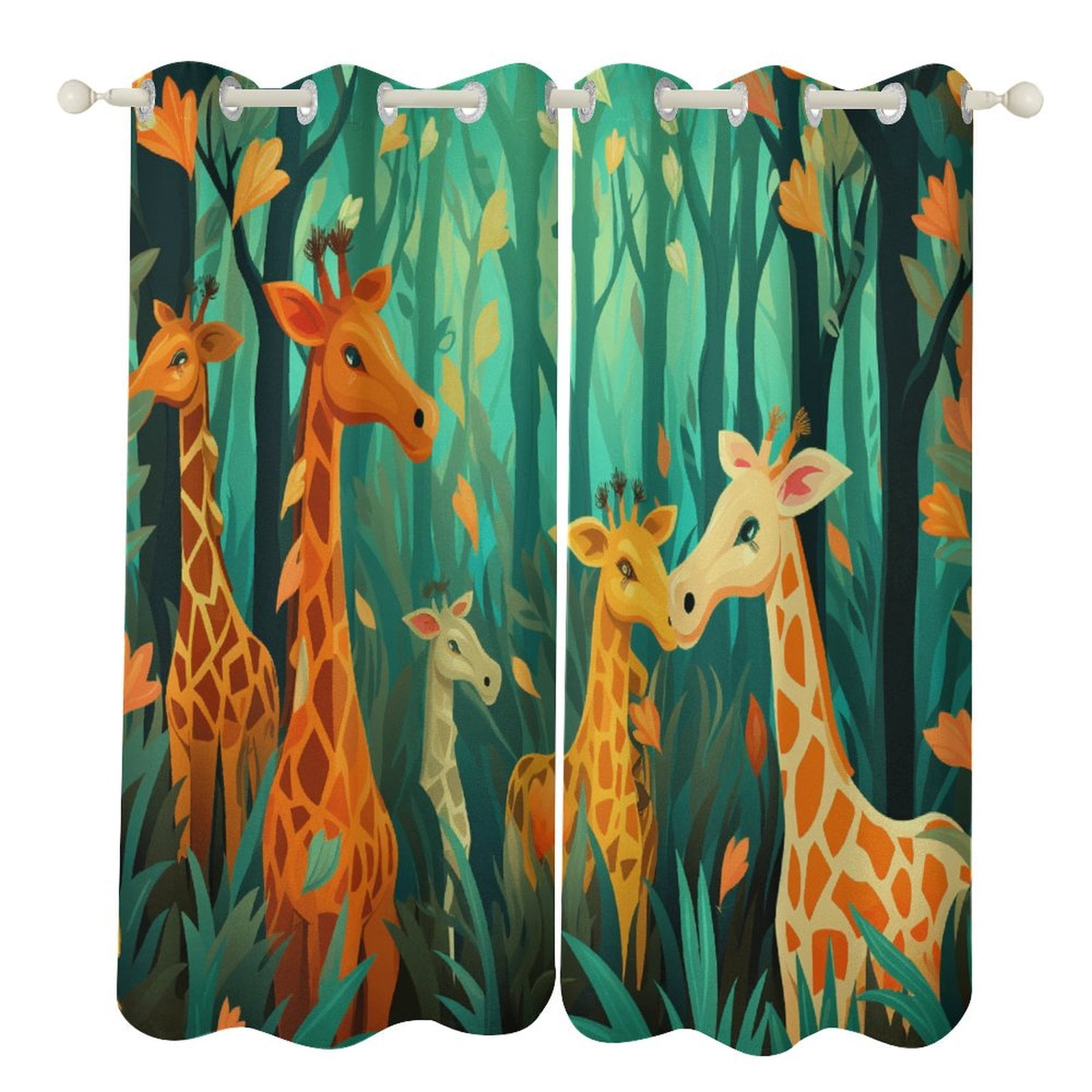 Cartoon Giraffe Forest 2 Panels 3D Printing Pattern Curtain for Bedroom ...