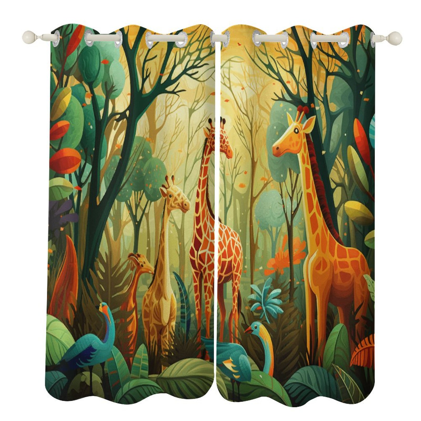 Cartoon Giraffe Forest 2 Panels 3D Printing Pattern Curtain for Bedroom ...