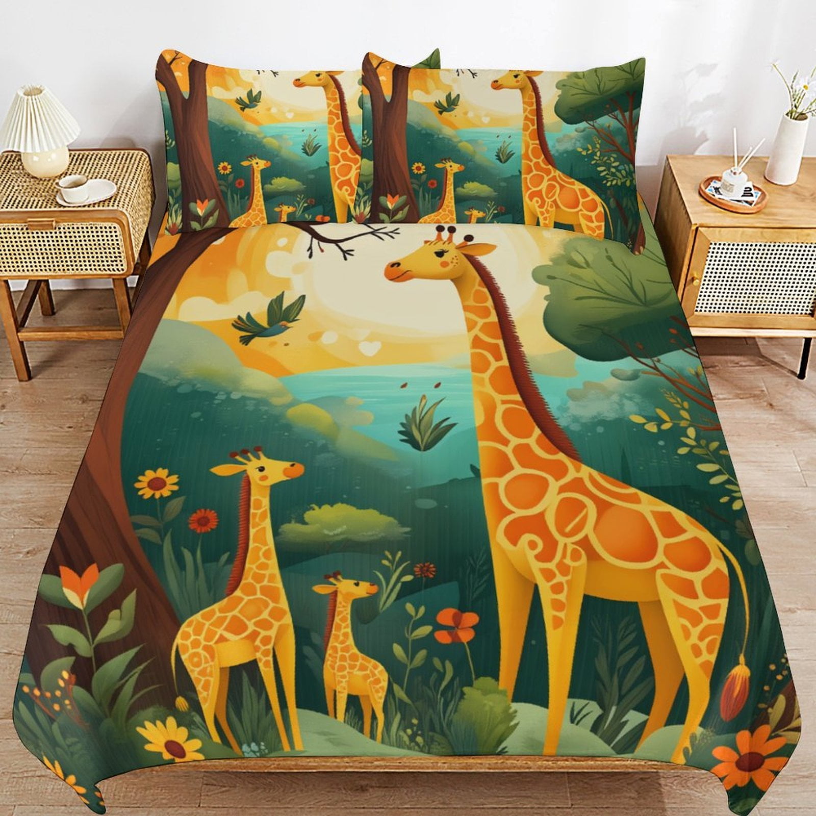 Cartoon Giraffe Forest Duvet Cover 3pcs Set Themed Multicolor Polyester ...