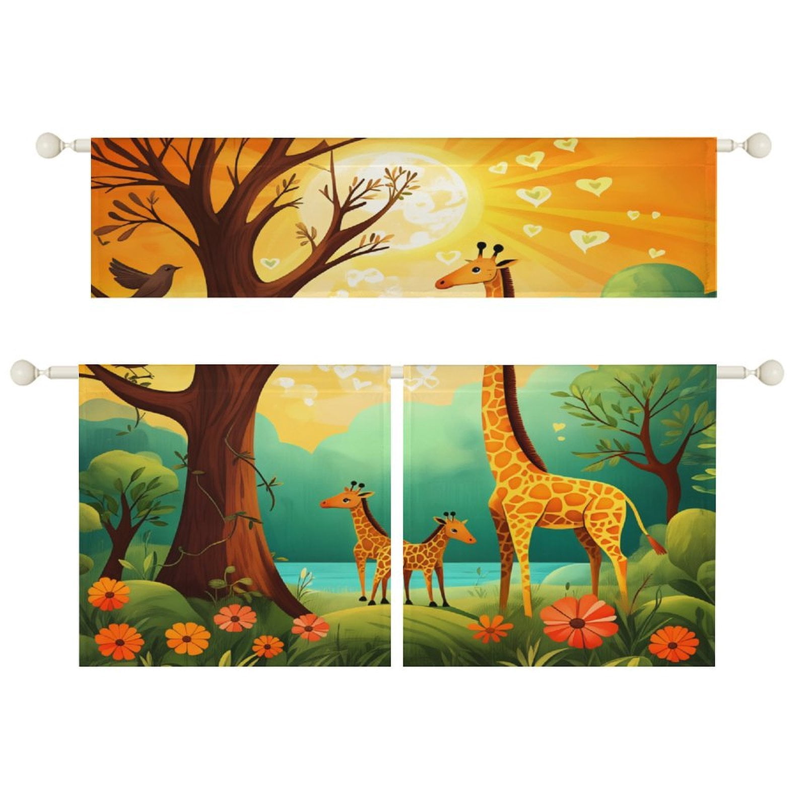 Cartoon Giraffe Forest Kitchen Curtain Valance Tier Set, 3 Pieces Semi ...