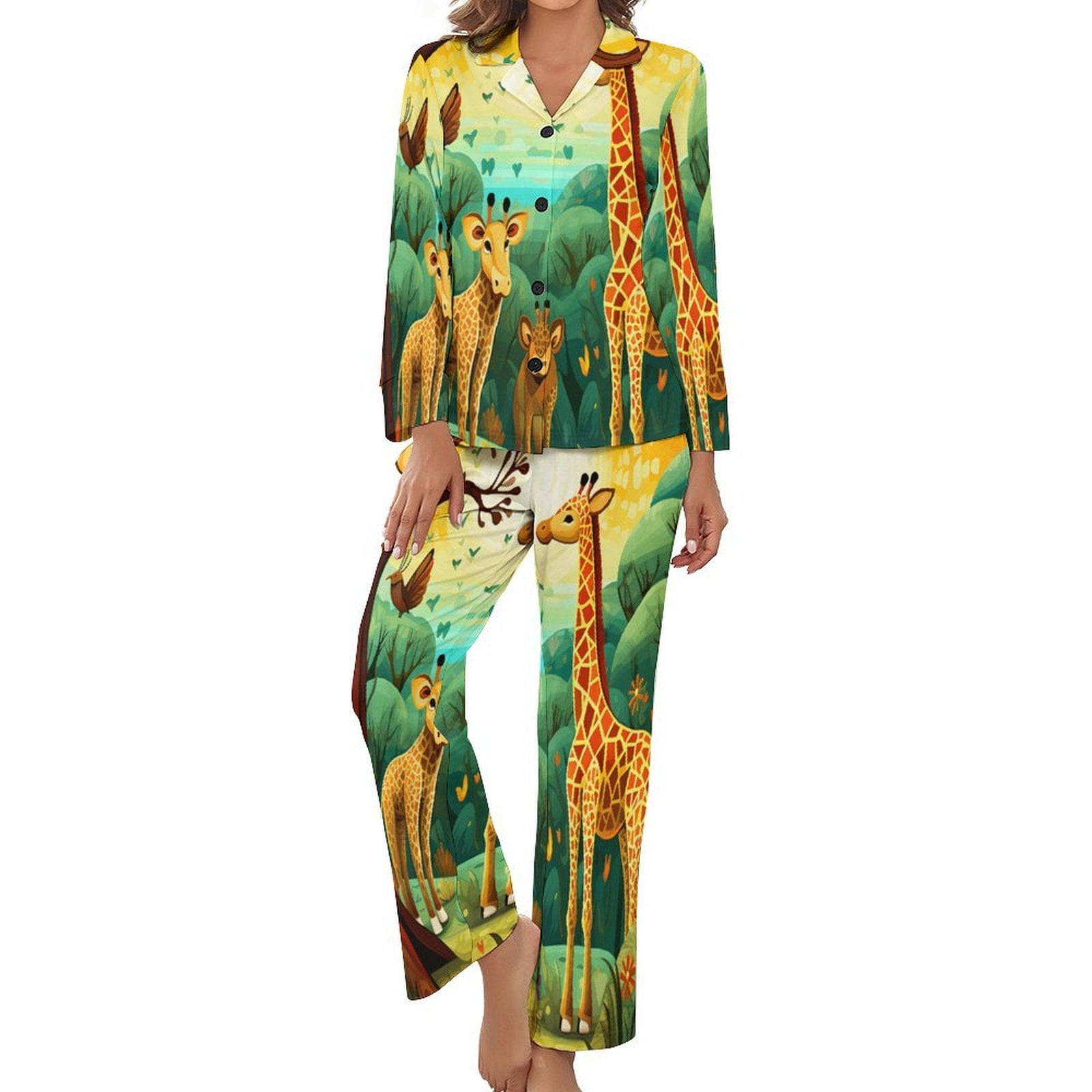 Cartoon Giraffe Forest Pajamas Woman Vintage Pajamas Set 2 Piece Long ...