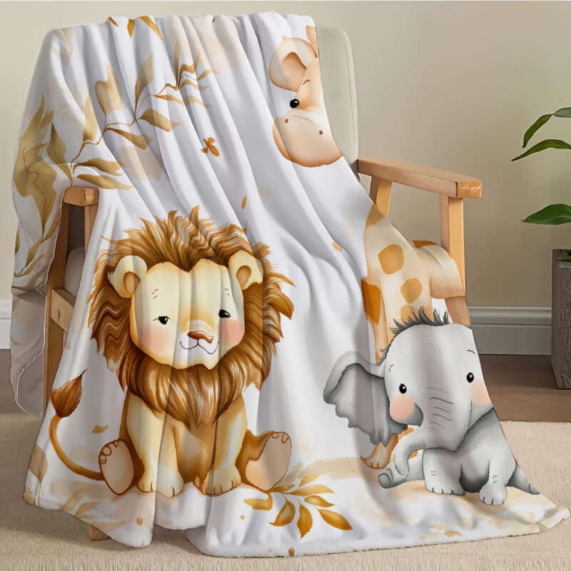 Cartoon Giraffe Lion Elephant Flannel Blanket - 280GSM Heavyweight All ...