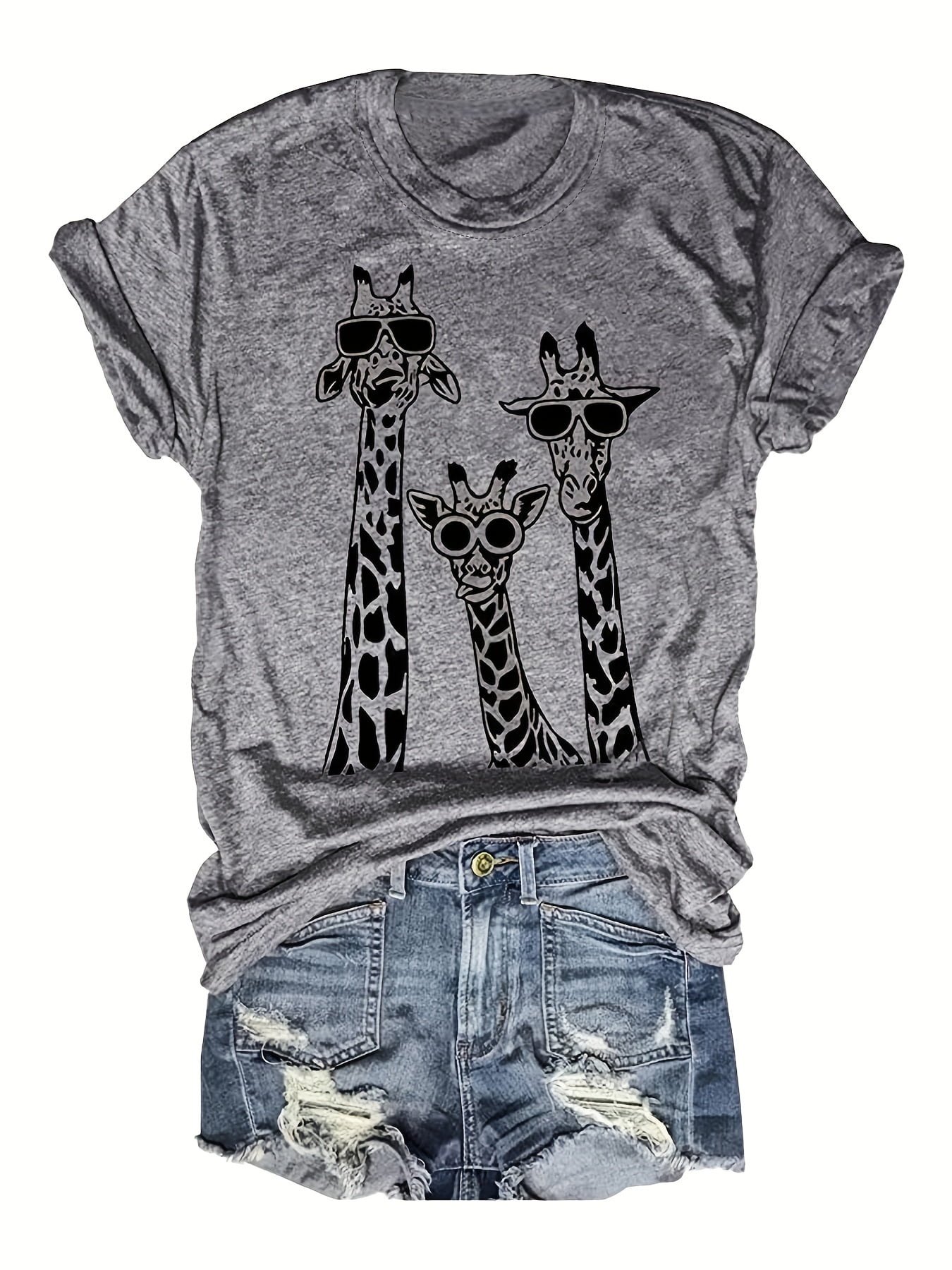 Cartoon Giraffe Print Crew Neck T-Shirt, Casual Short Sleeve T-Shirt ...