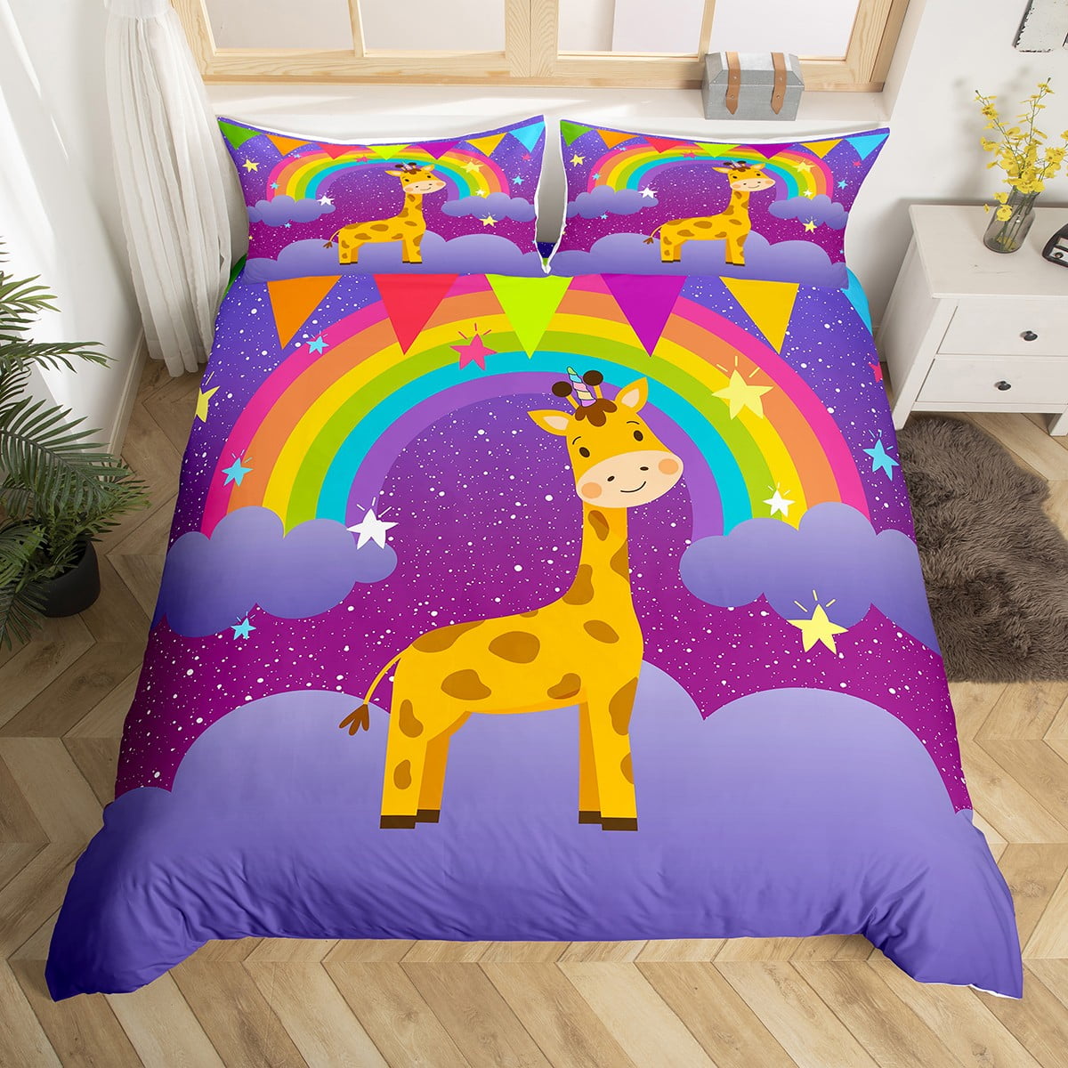 Cartoon Giraffe Printed Bed Sets with 2 Pillowcases Kids Cartoon Kawaii ...