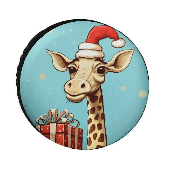 Cartoon Giraffe In Santa Hat With A Present Heavy Duty Spare Tire Cover ...
