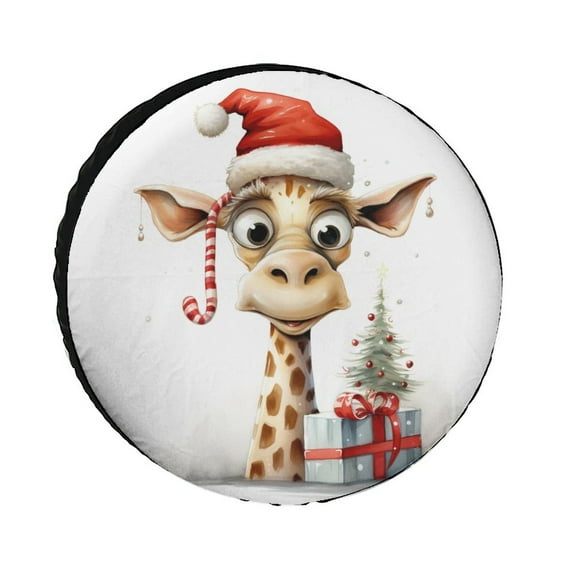 Cartoon Giraffe In Santa Hat With A Present Heavy Duty Spare Tire Cover ...