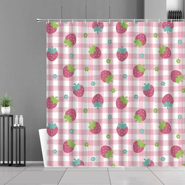 Cartoon Girl Bathroom Shower Curtain Pink Strawberry Plaid Summer Fresh