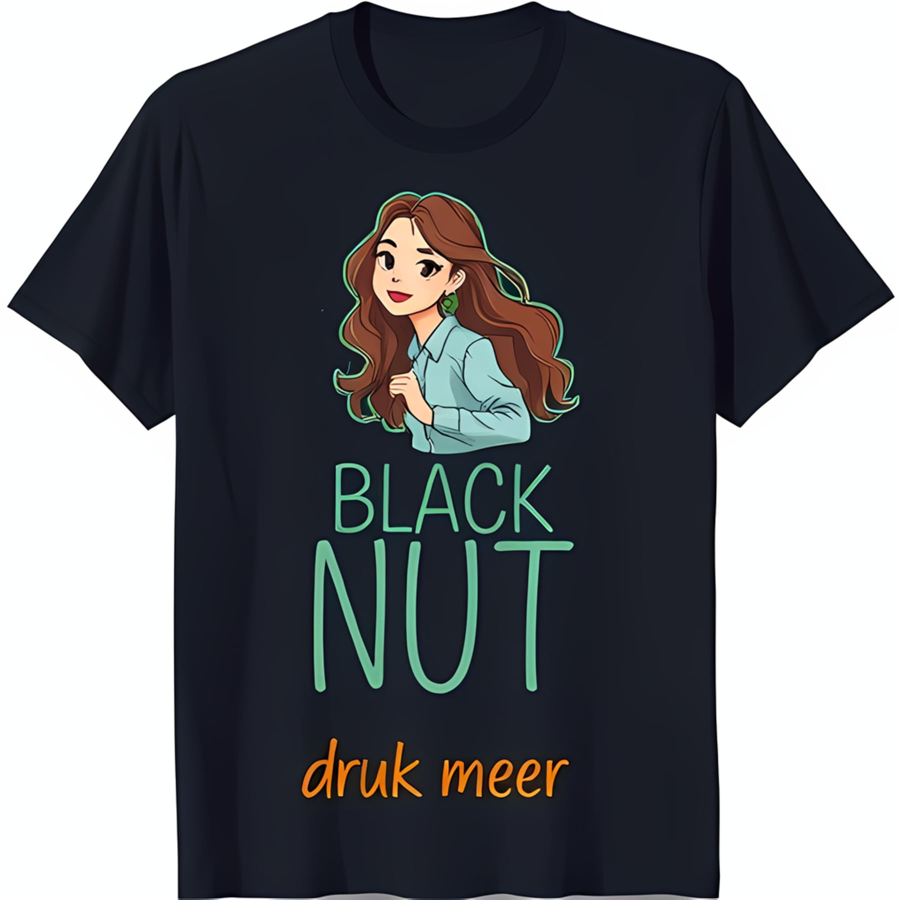Cartoon Girl Graphic T-Shirt Dark Blue with 'BLACK NUT' & 'druk meer ...