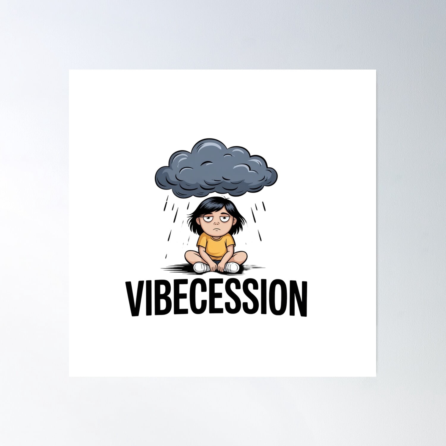 Cartoon Girl Sitting Under Rain Cloud Indoors Poster Wall Art, Modern ...