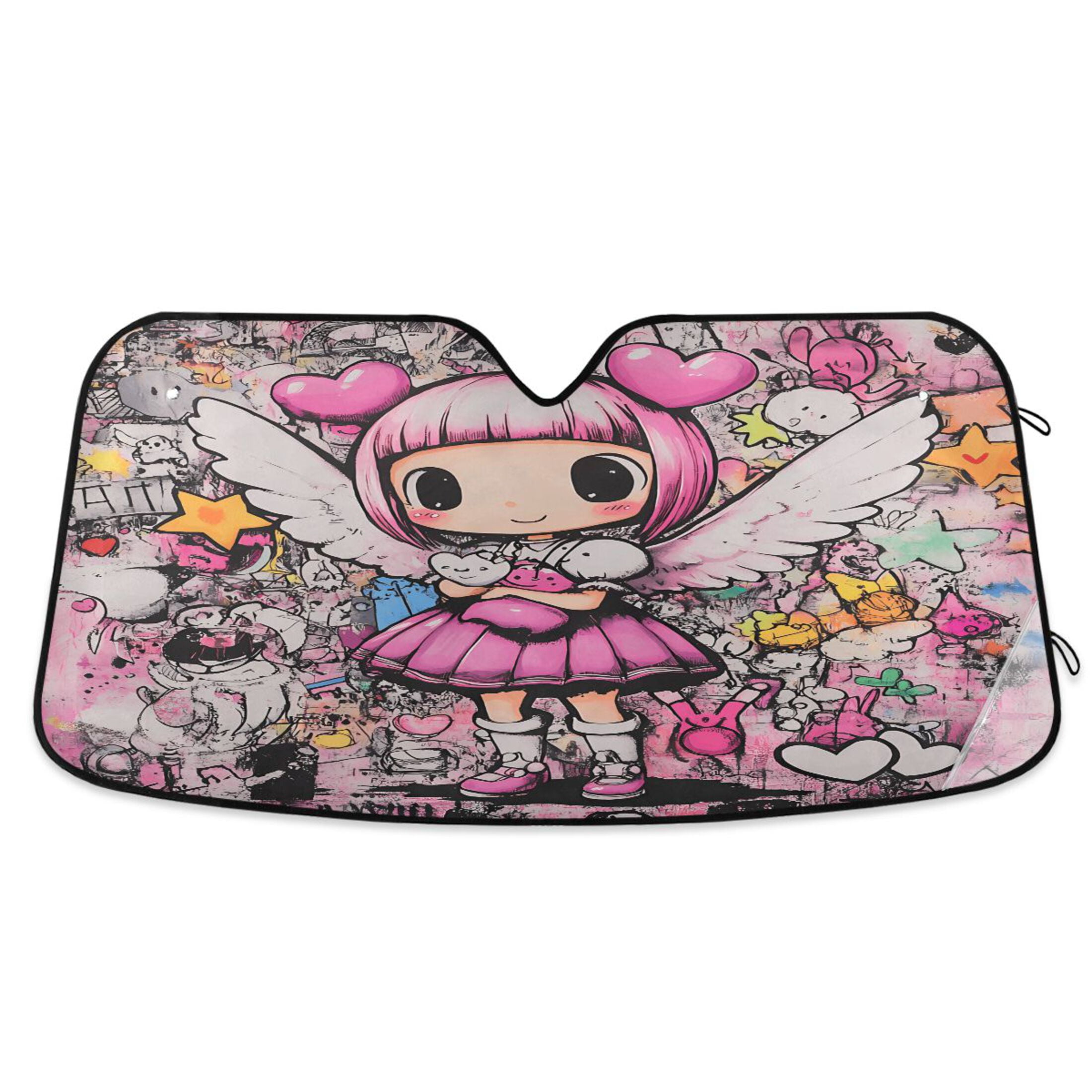 Cartoon Girl and Graffiti Car Windshield Sun Shade Foldable Car Front ...