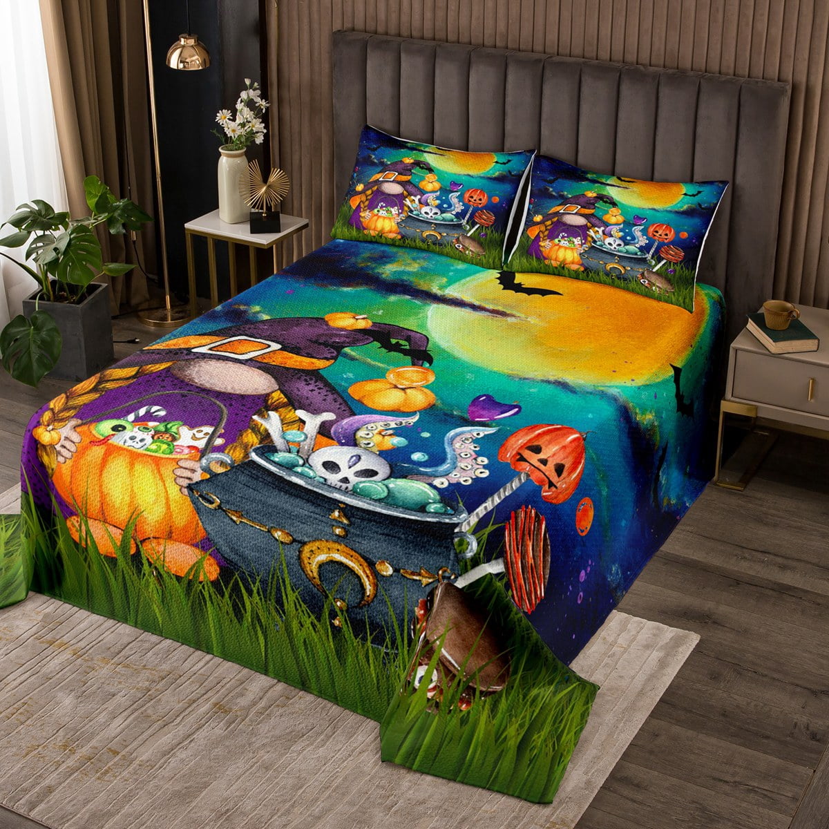 Cartoon Gnome Bedspread Set Magical World Theme Coverlet Set Pumpkin ...
