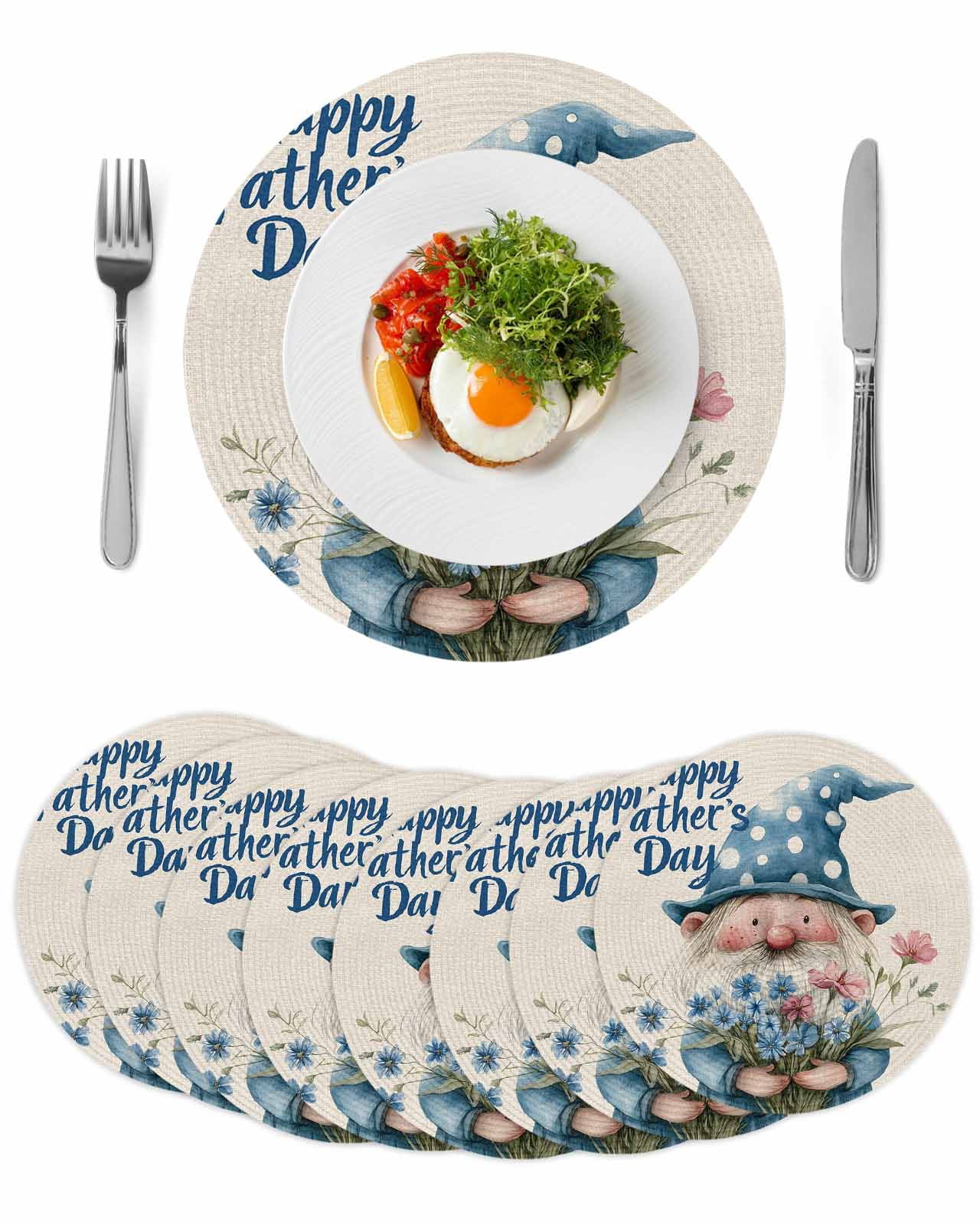 Cartoon Gnome Round Table Placemats set of 8, Watercolor Flowers Father ...