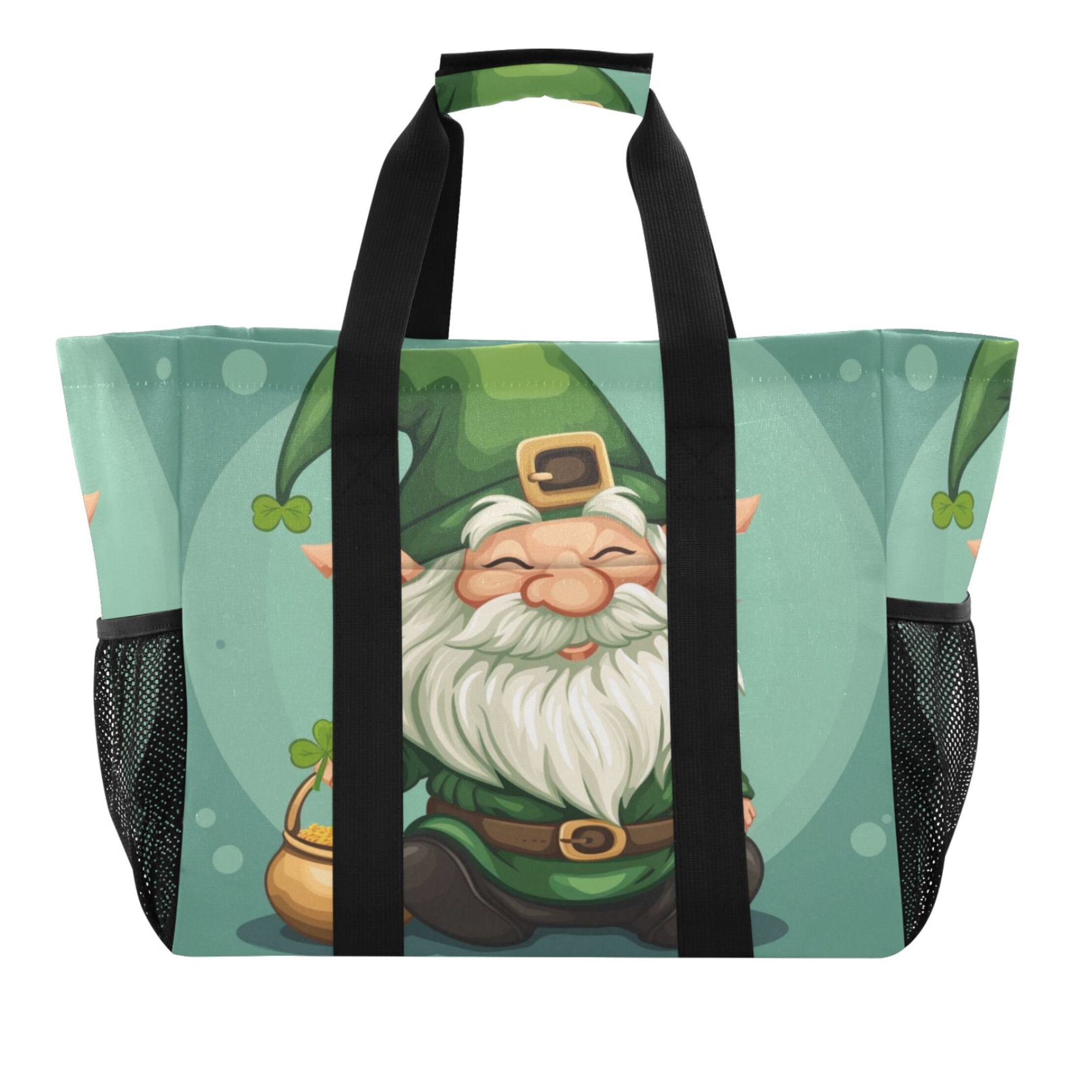 Cartoon Gnome Shamrock Gold Reusable Grocery Bags with Handle Side ...