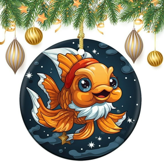 Cartoon Goldfish Wear Red Santa Hat Ceramics Ornaments Watercolor ...