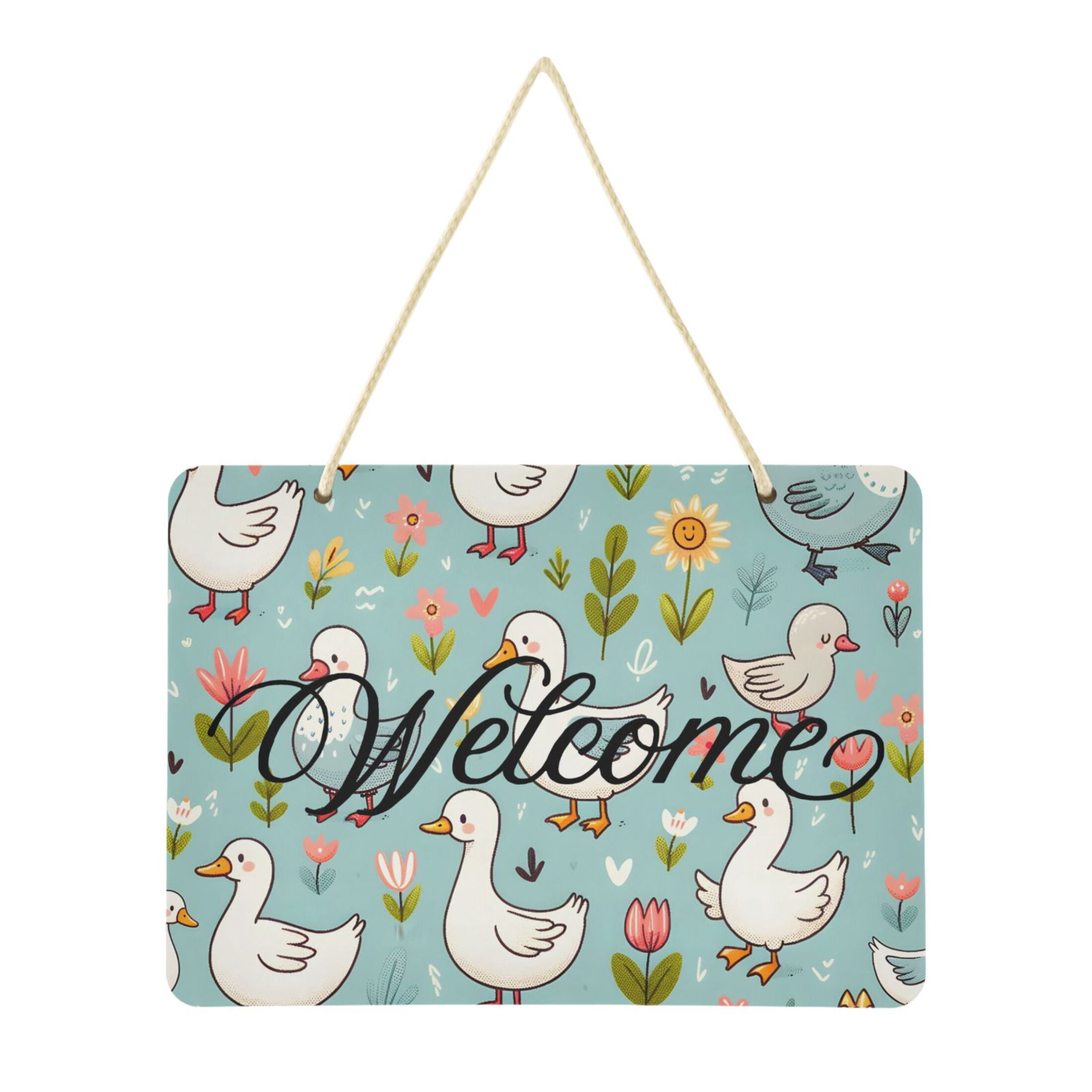Cartoon Goose Flower Leaf Welcome Sign Front Door PVC 14x10 inch Hanger ...