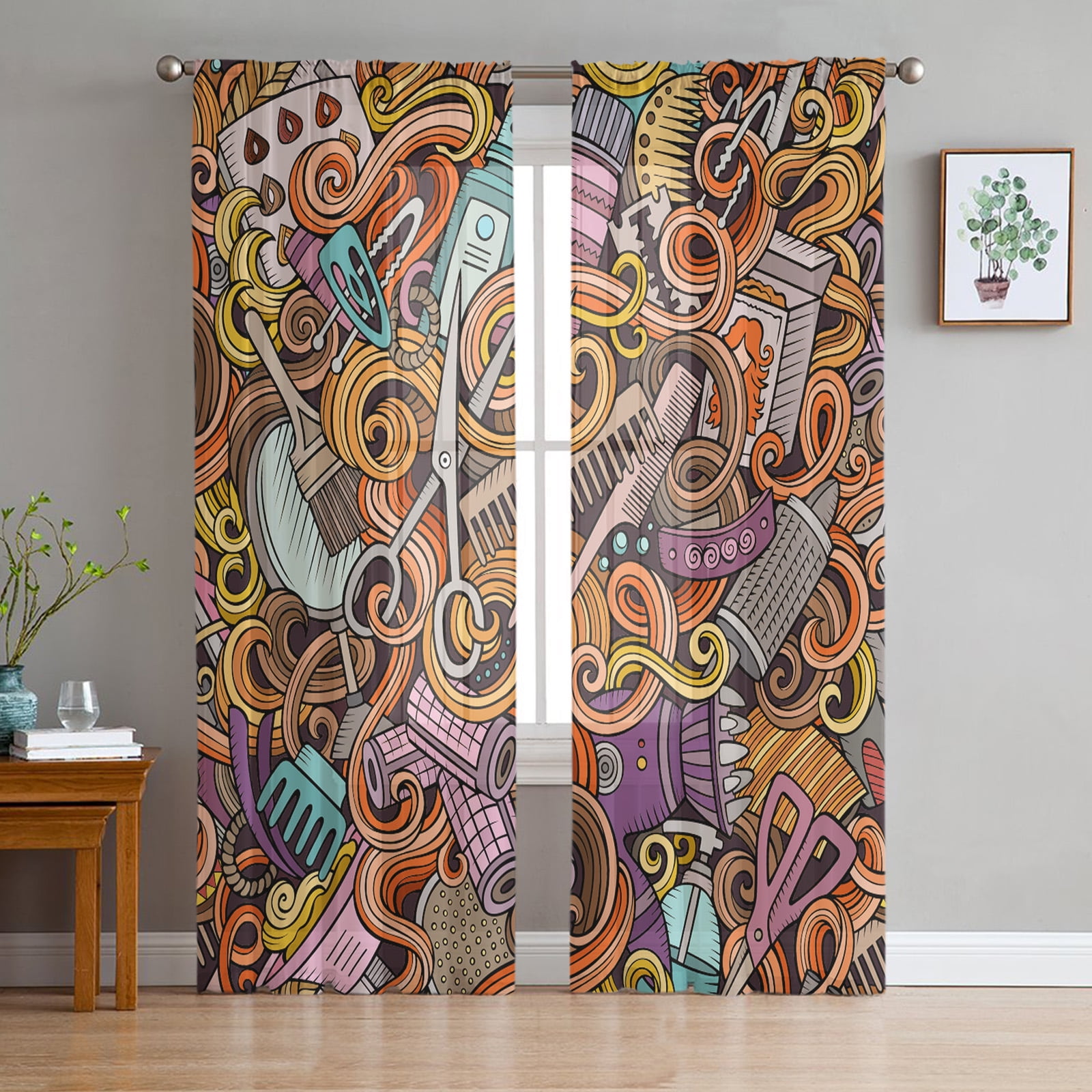Cartoon Graffiti Hairdressing Sheer Curtain for Living Room Bedroom ...