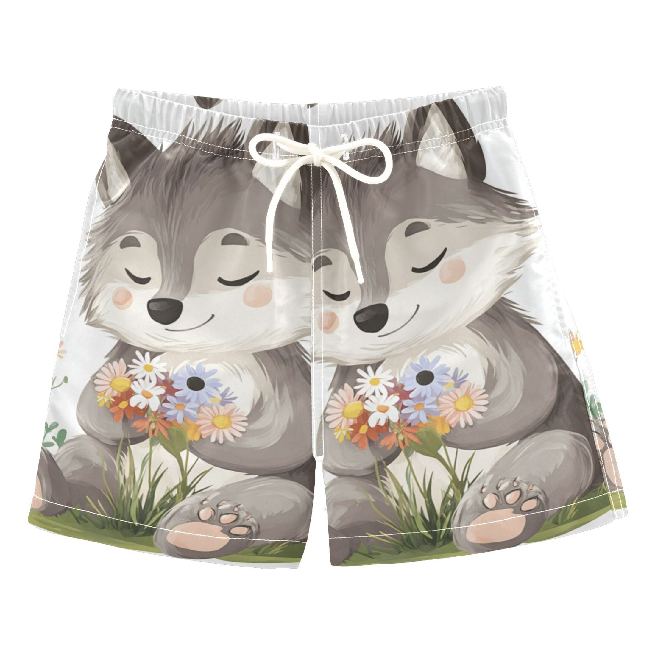 Cartoon Gray Wolf Holding Colorful Flowers Boys' Swim Trunks Board ...