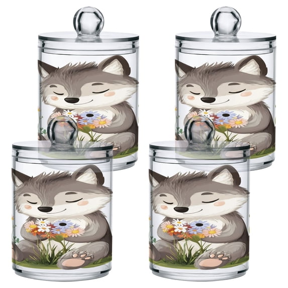 Cartoon Gray Wolf Holding Colorful Flowers Translucent Plastic Cans ...