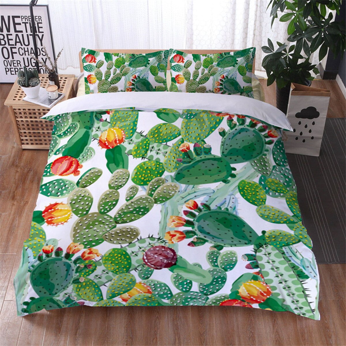 Cartoon Green Cactus Potted Duvet Cover Polyester Green Plant Cute ...