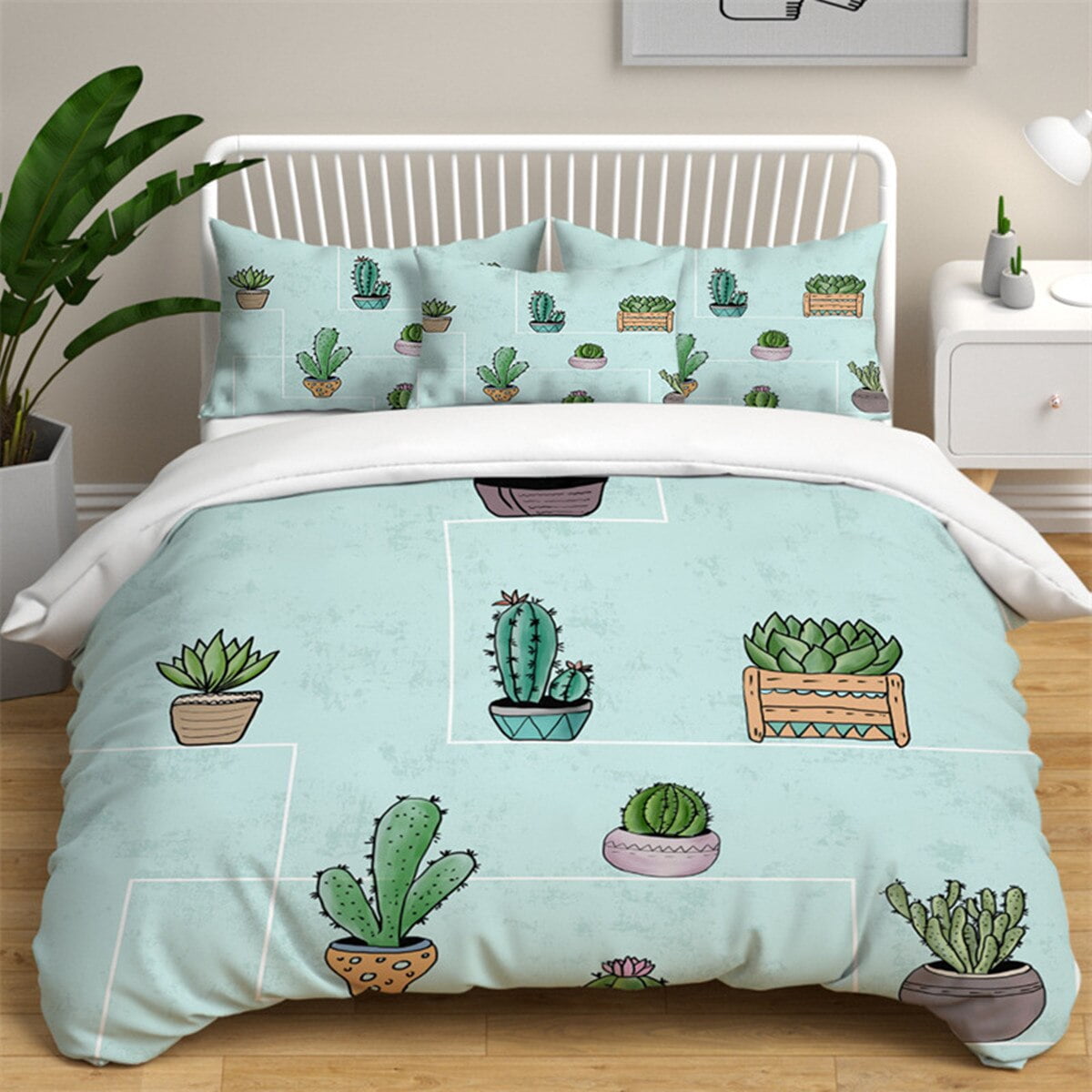Cartoon Green Cactus Potted Duvet Cover Polyester Green Plant Cute ...