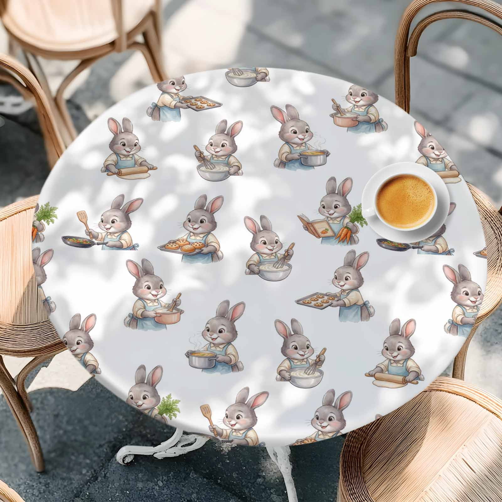 Cartoon Grey Rabbits Cooking Radish Round Fitted Tablecloth with ...