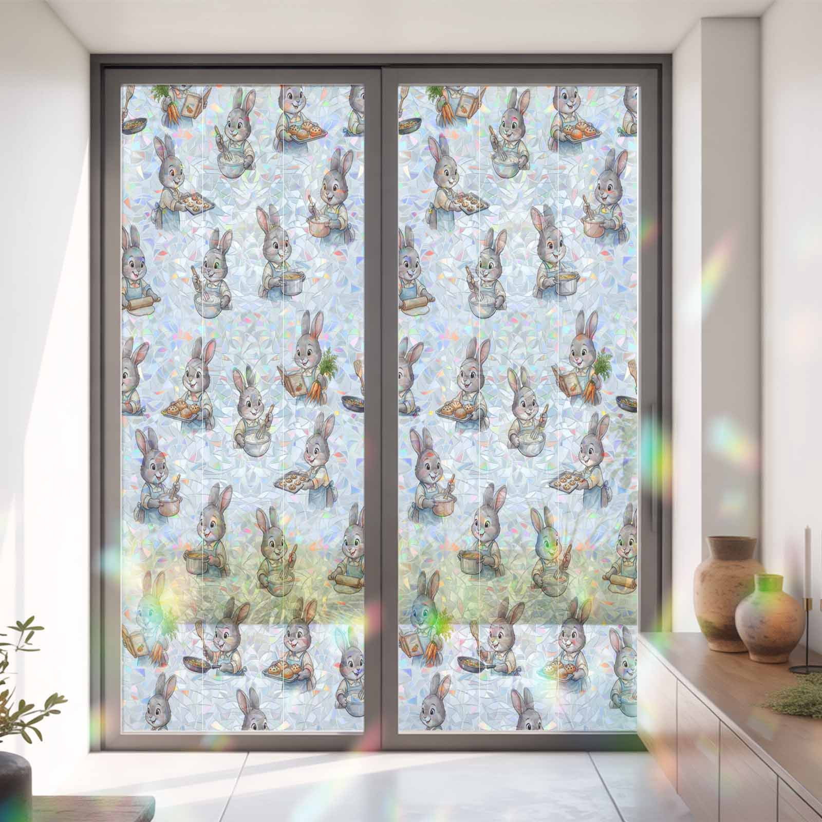 Cartoon Grey Rabbits Cooking Radish Window Privacy Film, Rainbow Film ...