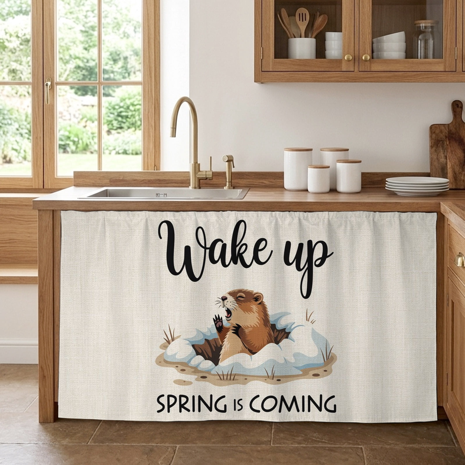 Cartoon Groundhog Cabinet Curtains 28" W x 51" L Wake Up Spring Is ...