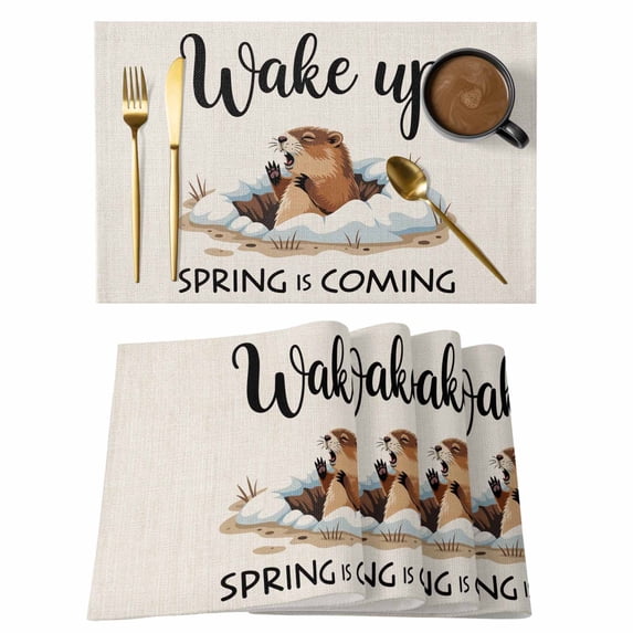 Cartoon Groundhog Placemats Set of 4, Wake Up Spring Is Coming Linen ...