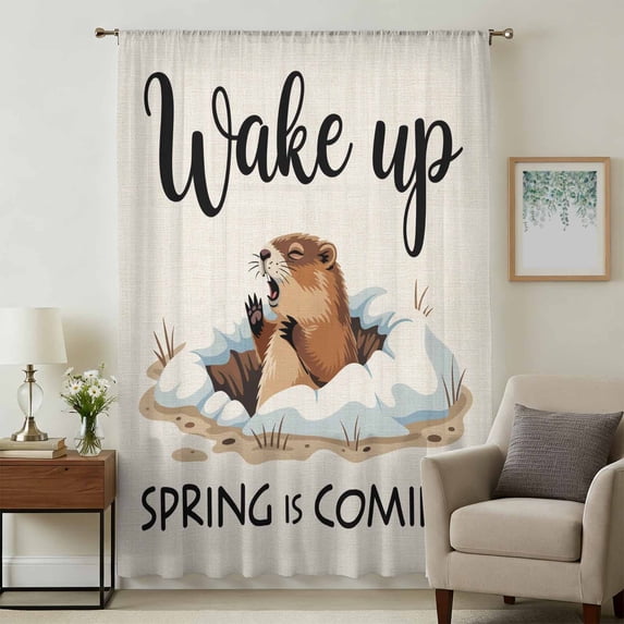Cartoon Groundhog Sheer Curtains 108 Inches Extra Long, Wake Up Spring ...